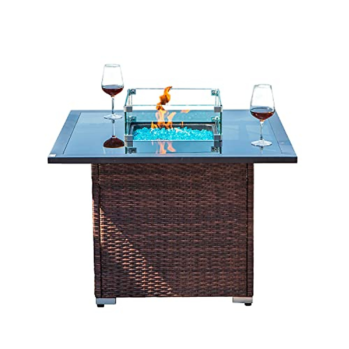 COSIEST Outdoor Propane Fire Table 36-inch Square Espresso Brown Wicker Fire Pit, 40,000 BTU, Wind Guard, Free Fire Glass, Waterproof Cover, Internal 20lb Tank Storage