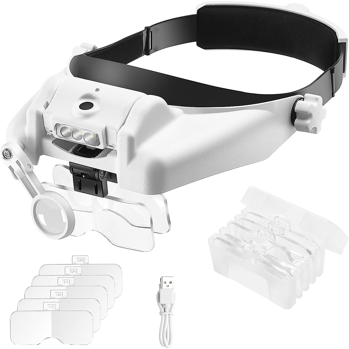 Elikliv Headband Magnifying Glass with Light 1X to 14X, Rechargeable Handsfree Head Mount Magnifier, 6 Detachable Lens Visor Loupe Tool for Close Work Reading Jewelry Craft Repair Cross Stitch
