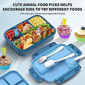 Bento Box, Lunch Box Kids, Bento Lunch Box for Kids/Toddler/Adults, 1300ML-4 Compartment Bento Box Adult Lunch Box w/Food Picks Cake Cups, Built-in Utensil Set, Leak-Proof, Food-Safe Materials(Blue)