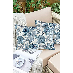 Watercolor Indigo Blue Rose Pattern Outdoor Throw Pillow Covers Cases for Patio Furniture Set of 2, Waterproof Decorative Lumbar Pillowcases for Couch Garden Tent Balcony 12x20 Inch