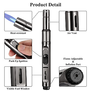 Butane Torch Lighter Long Butane Lighter Refillable Kitchen Torch Lighter with Visible Fuel Window Adjustable Jet Flame Pen Lighter Butane Lighter for Grill Fireplace (Black1)