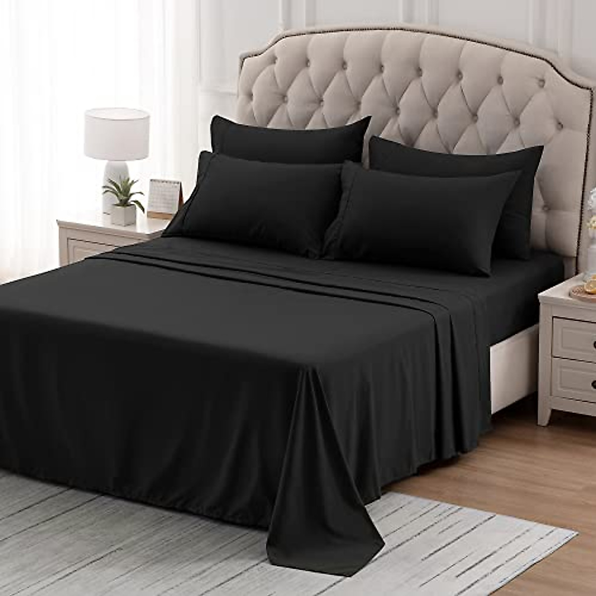 SLEEP ZONE Super Soft Cooling Full Size Bed Sheets Set 4 Piece - Easy Care Fitted Flat Sheet & Pillowcase Sets - Wrinkle Free, Fade Resistant, Deep Pocket 16" (Black, Full)