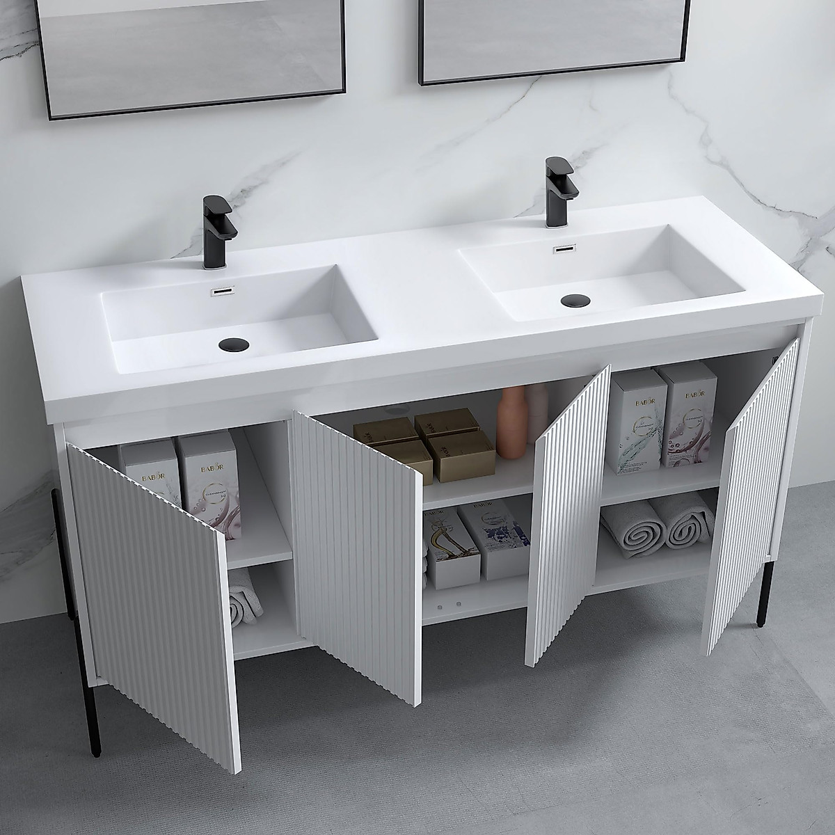 Dowell 60“ Fluted Design Vanity Set – Modern Bathroom Cabinet with Soft-Close Door & Shelf.Glossy White- 0026021V/6122BP