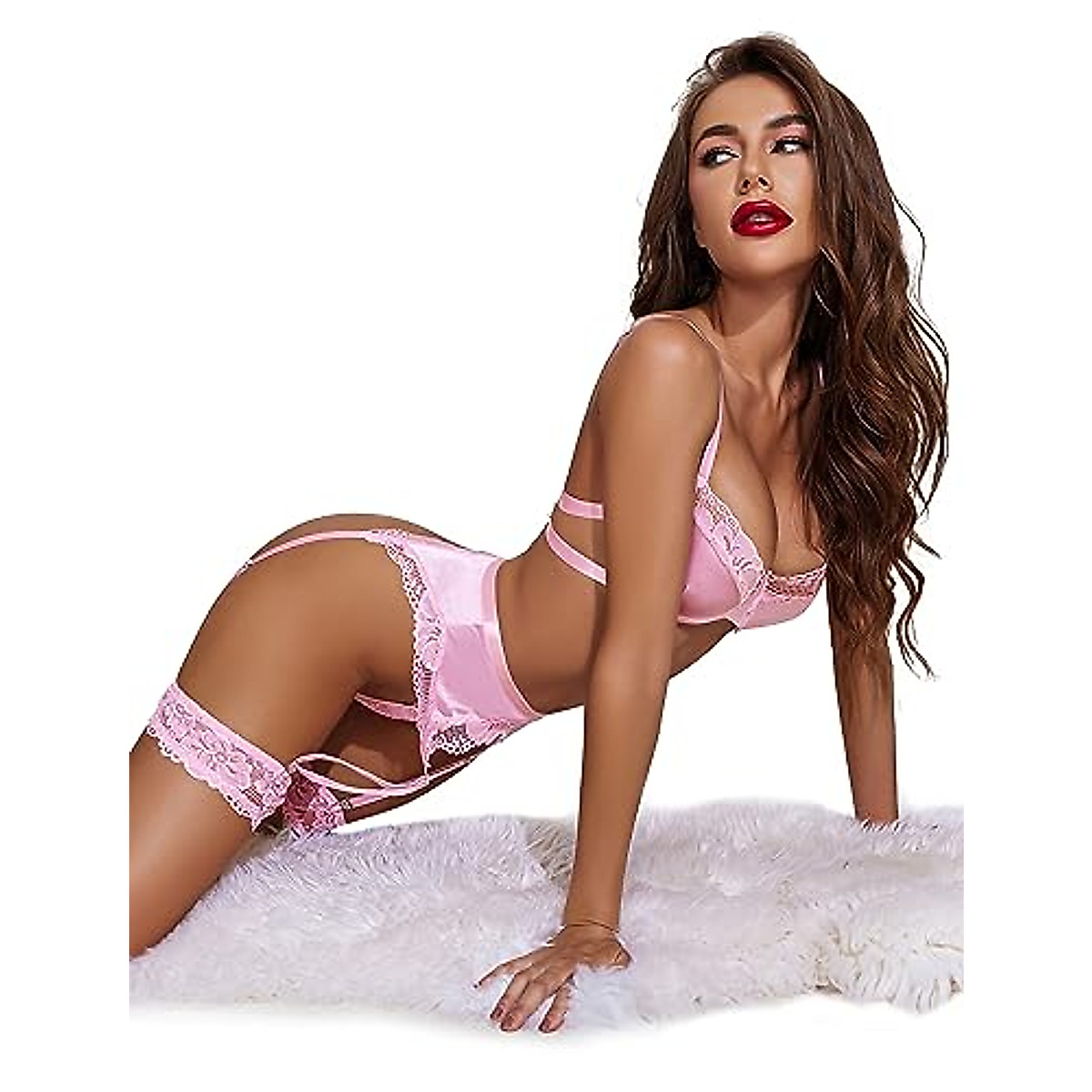 Avidlove Lingerie for Women Underwire Bra and Panty Sets 5 PCS Lingerie Set with Garter Belts Pink