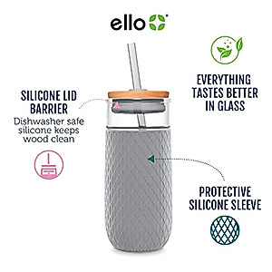 Ello Devon Glass Tumbler with Protective No Sweat Silicone Sleeve and Splash Proof Wooden Detail Lid with Straw, 18 oz