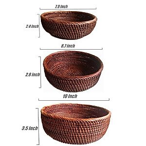 AMOLOLO 3 Pack Round Rattan Bowl Basket, 8 9 10 Inch Handmade Wicker Basket Tray with Scalloped Edge and 3”Deep Wall, Woven Dark Brown Bread Basket Fruit Bowl Key Holder Table Centerpiece, 3-Size