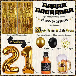 21st Birthday Decorations for Him, Happy Birthday Decorations Black and Gold 21 Birthday Decorations with Happy Birthday Banner, Fringe Curtain, Confetti and Latex Balloons