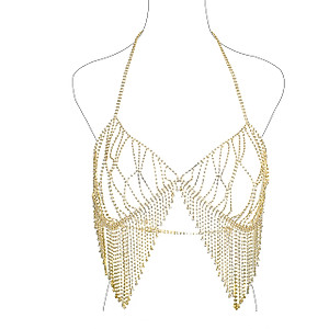 CanB Rhinestone Sexy Bra Chains Shiny Crystal Tassel Underwear Necklace Chains Summer Beach Bikini Nightclub Chain Body Accessories Jewelry for Women and Girls (Style-1)