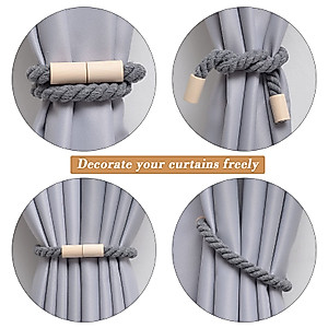 NICEEC 2 Pack Wooden Magnetic Curtain Tiebacks Boho Home Decoration Drape Tie Backs Natural Cotton Handmade Rope Curtain Holdbacks for Thin or Thick Home & Office Window Drapery (Grey)
