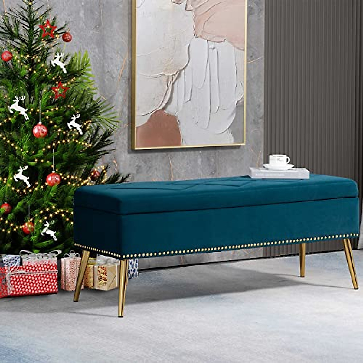 MOJAY Modern Velvet Storage Ottoman Bench, Upholstered Footrest with Rivet Decoration Table Dining Stool with Golden Legs for Entryway Dining Room Living Room Bedroom (Dark Green)