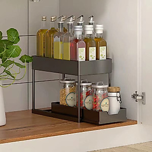 2-Tier Under Sink Organizer,Multi-purpose Organizer Shelf,Sliding Storage Drawer Basket Organizer for Kitchen Bathroom with Hooks, Hanging Cup,Pull Out Spice Rack,Makeup Cosmetics Vanity Narrow Space