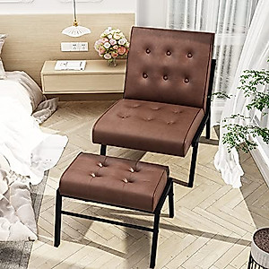 AWQM Accent Chair with Ottoman,Faux Leather Living Room Chair,Upholstered Single Sofa Chair Set with Metal Legs, Button Tufted Lounge Chair with Footrest, Reading Chair for Bedroom Office,Brown