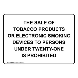 ComplianceSigns.com Sale Tobacco Under Twenty-One Prohibited Label Decal, 10x7 in. Vinyl for No Smoking