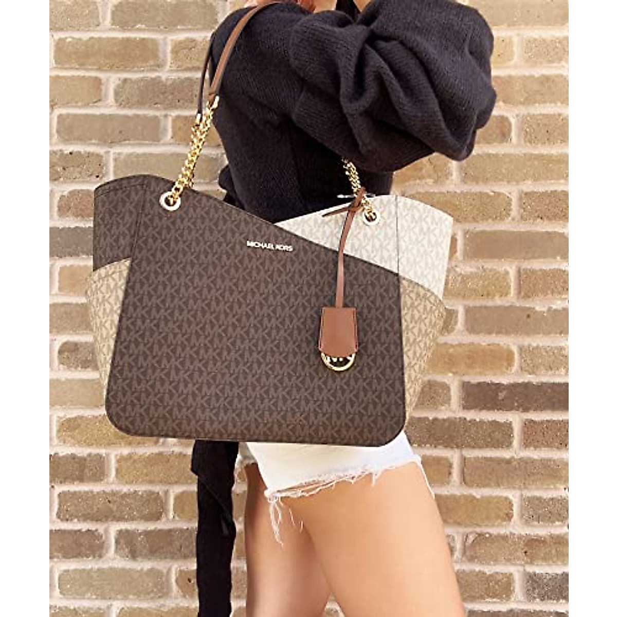 Michael Kors Jet Set Travel Large Chain Tote Luggage Brown MK Multi Colorblock Bundled Brown Trifold Wallet