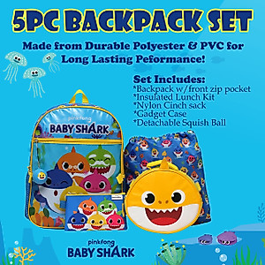 Baby Shark 5 Piece Backpack Set for Kids, Kindergarten Schoolbag with Insulated Lunch Box, Pencil Case, Cinch Bag, and Squishy Ball Toy Dangle, Daypack for Toddler’s Boys and Girls