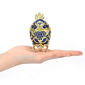 FASALINO Faberge Egg Jewelry Trinket Box Classic Hand-Painted Ornaments Metal Craft Gift for Home Decor (Blue)