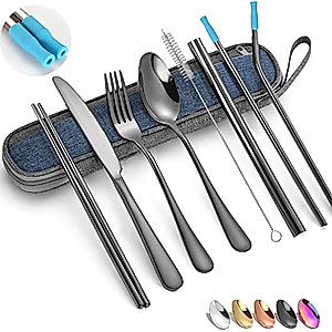 Portable Travel Utensils Silverware set with Case,Reusable Trave Stainless Steel Camping Cutlery set with Chopsticks and Straw, Portable Flatware with Case for Office School Picnic BF(Black)