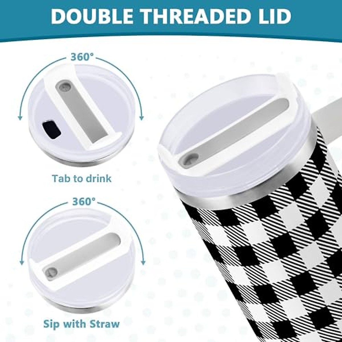 MCHIVER Black White Buffalo Plaid Tumbler with Lid and Straw 40 oz Insulated Water Bottle Leakproof Tumblers for Smoothie Coffee Water