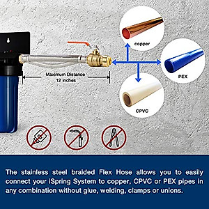 iSpring WGB21B 2-Stage Whole House Water Filtration System with 3/4 inch Push-Fit Braided Stainless Steel Hose Connectors and Ball Valve