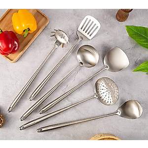 17Inch 304 Stainless Steel Kitchen Utensils Set, 6-Pieces All Metal Extra Long Handle Cooking Tools with Wok Spatula, Soup Ladle, Skimmer Spoon, Slotted Spatula Turner, Spaghetti Server, Solid Spoon