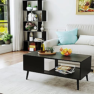 Yusong Modern Wood Coffee Table for Living Room, Retro Mid-Century Center Tables Cocktail Table with Storage Shelf for Reception, Black
