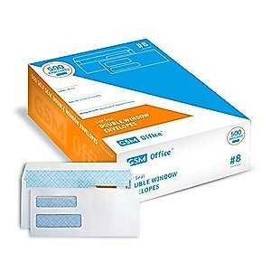 Self Seal Double Window Security Envelopes (#8 - Box of 500), for Quickbooks Checks (3 5/8" x 8 11/16")