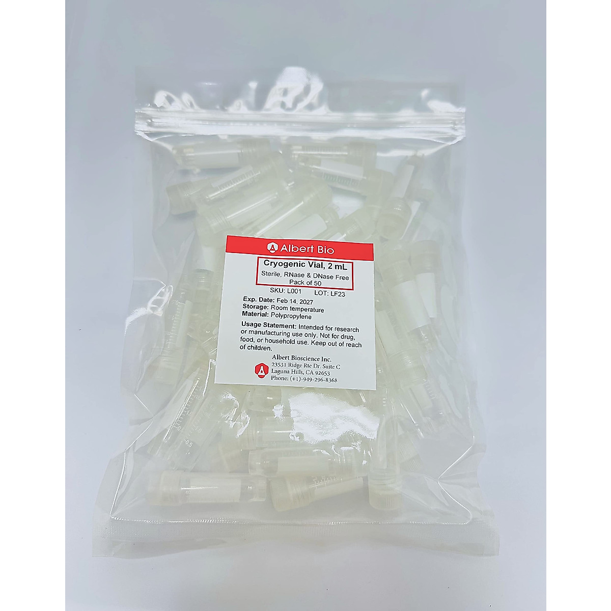 Cryogenic Vial, 2 mL, Sterile, RNase & DNase Free, 50 Pcs/Bag, Thickened Tube Wall, Made from high Quality Polypropylene