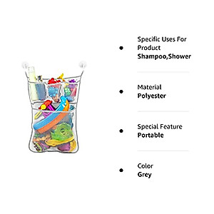 S&T INC. Baby Bath Toy Storage for Tub with Pockets, Kids Bath Toy Holder or Mesh Shower Caddy, Holds Kid Toys, Soaps, or Shampoos, 14 Inch by 20 Inch Net with Hooks Included, Grey, 1 Pack