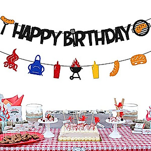 BBQ Happy Birthday Banner for Barbecue Picnic Sauce Grill Sausage Fork Fire Camping Theme Bday Party Supplies Black Glitter Decorations