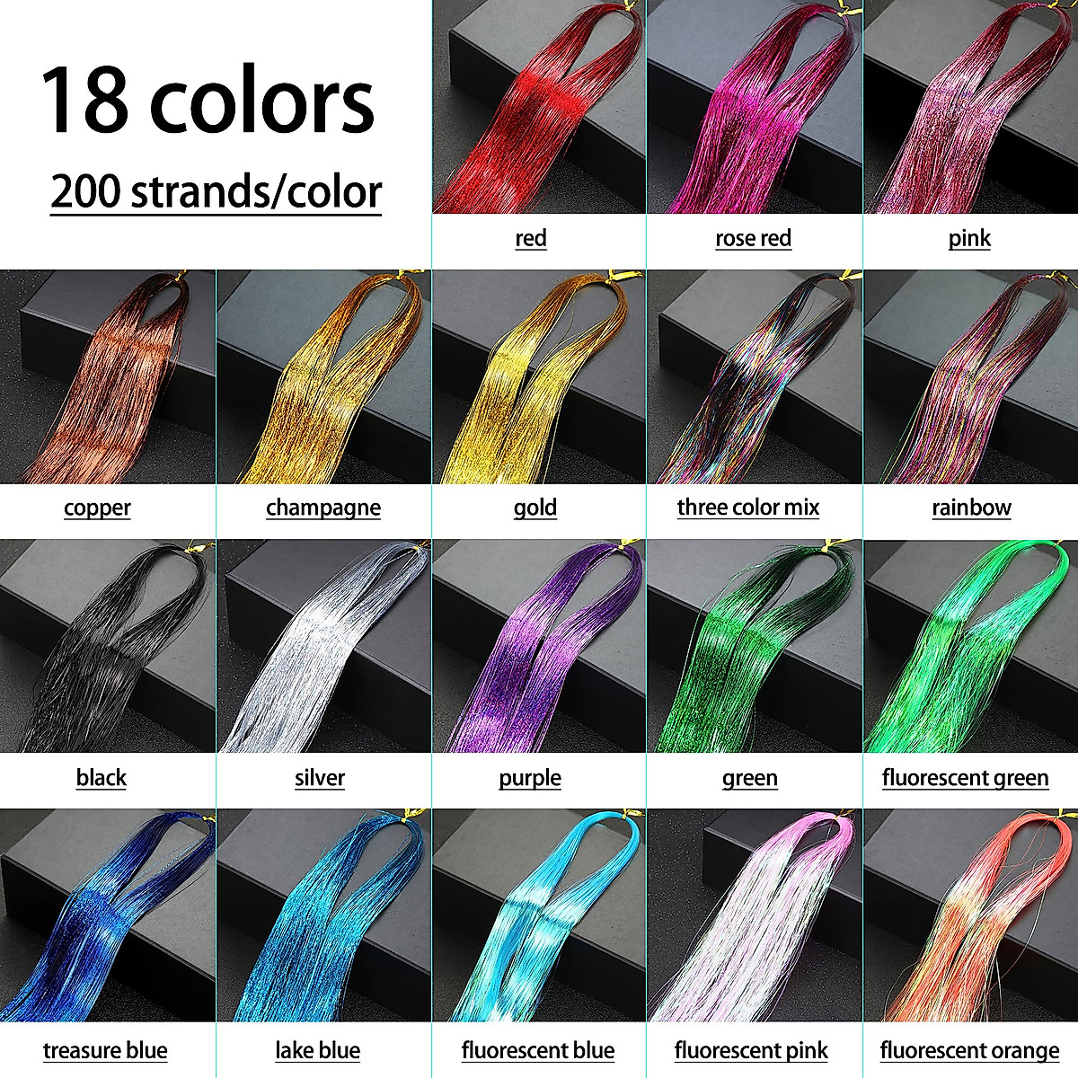 NIACONN 18 Colors Hair Tinsel Kit, 48 Inch 3900 Strands Glitter Tinsel Hair Extensions for Women, Fairy Hair Tinsel for Christmas New Year Halloween Cosplay Party