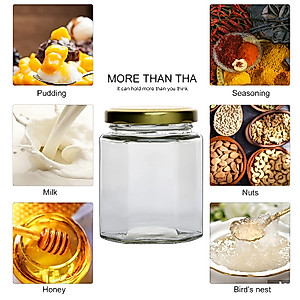 Woaiwo-q 6 oz Hexagon Glass Honey Jars, Glass Jars with Gold Lids,Bronzy Bee Pendants,Wooden Honey Sticks,Small Tags,1.5m Jute Twine -Clear Hexagon Jars for Honey,Jams, Liquid.(25 Pcs)…