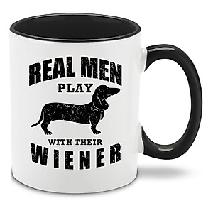 shop4ever Real Men Play with their Wiener Ceramic Coffee Mug Tea Cup, Funny Dachshund Weiner Dog Dad Gift 11 oz. (Black Handle)