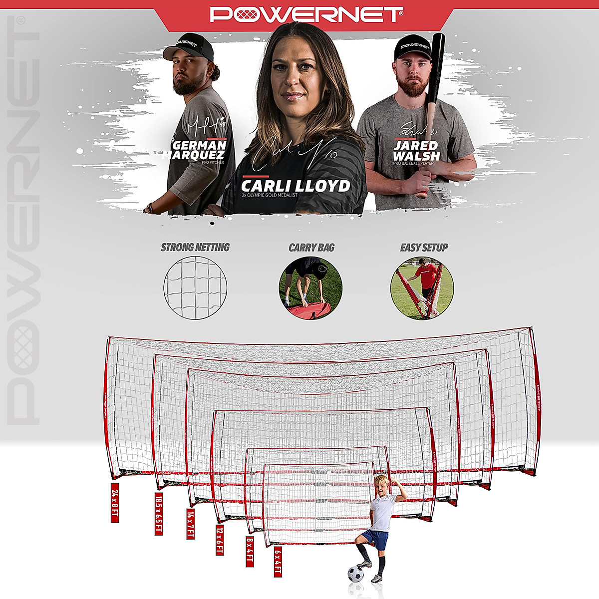 PowerNet Carli Lloyd Soccer Goal | Portable Net Collapsible Metal Base | Quick Setup Ultra Portable | Full Size Framed Soccer Goal | 1 Goal + 1 Carry Bag (12X6 FT)