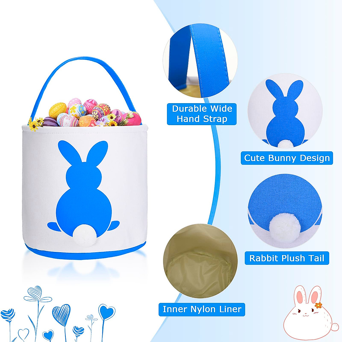 Jexine 12 Pcs Easter Bunny Basket Bags Bulk for Kids Gift Bucket Easter Eggs Hunt Basket with Handle Bunny Tote Bag Carry Bucket Rabbit Fluffy Tails Bags for Easter Party Decorations (Sequin Style)