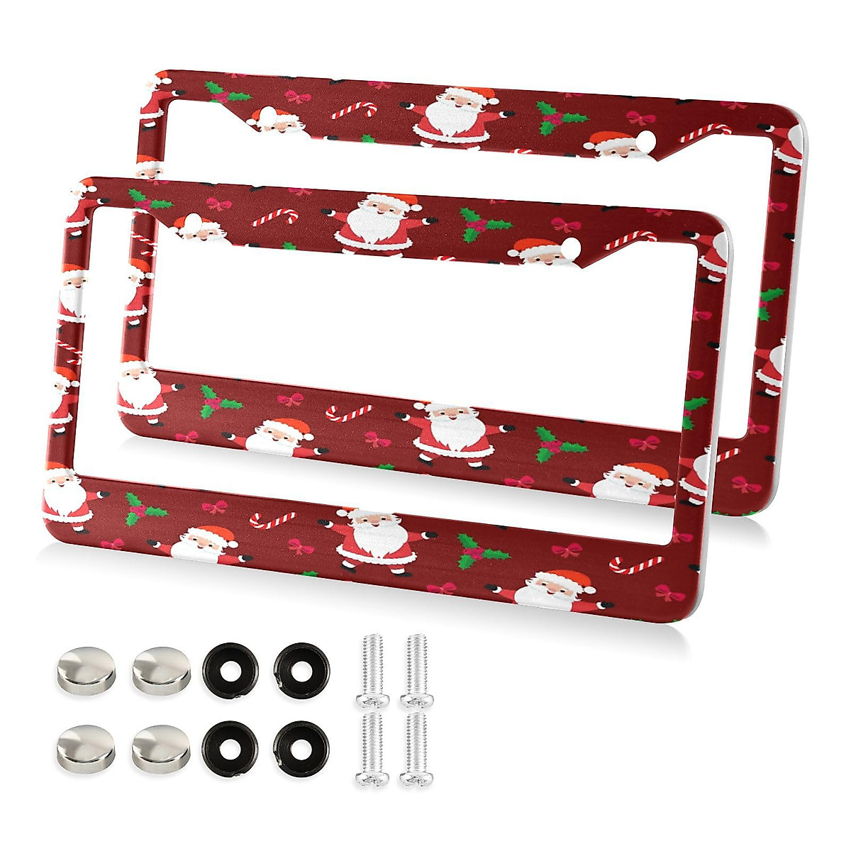 YETTASBIN Christmas Santa Claus License Plate Frames, Decorative License Plate Covers, 2 Packs Universal Aluminum Tag Frame with 2 Holes & Screw Caps for Front and Rear Car Tags, Elliptical Hole