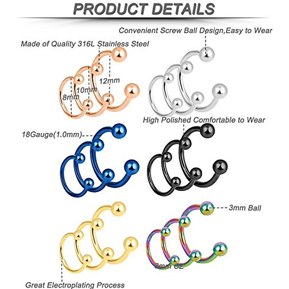 YOVORO 18Pcs 18G Stainless Steel Septum Piercing Nose Rings Hoop Cartilage Tragus Body Piercing Jewelry