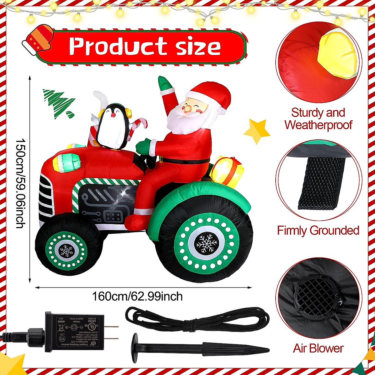 Retisee 5 Feet Tall Christmas Inflatable Santa Claus Drive Tractor with Penguin LED Holiday Outdoor Blow up Yard Decorations with Lights for Christmas Party Indoor Family Garden Lawn Decor