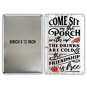 QIONGQI Funny Porch Quote Metal Tin Sign Wall Art Décor Porch Rules Wooden Style Come Sit on The Porch Sign for Home Decor Gifts