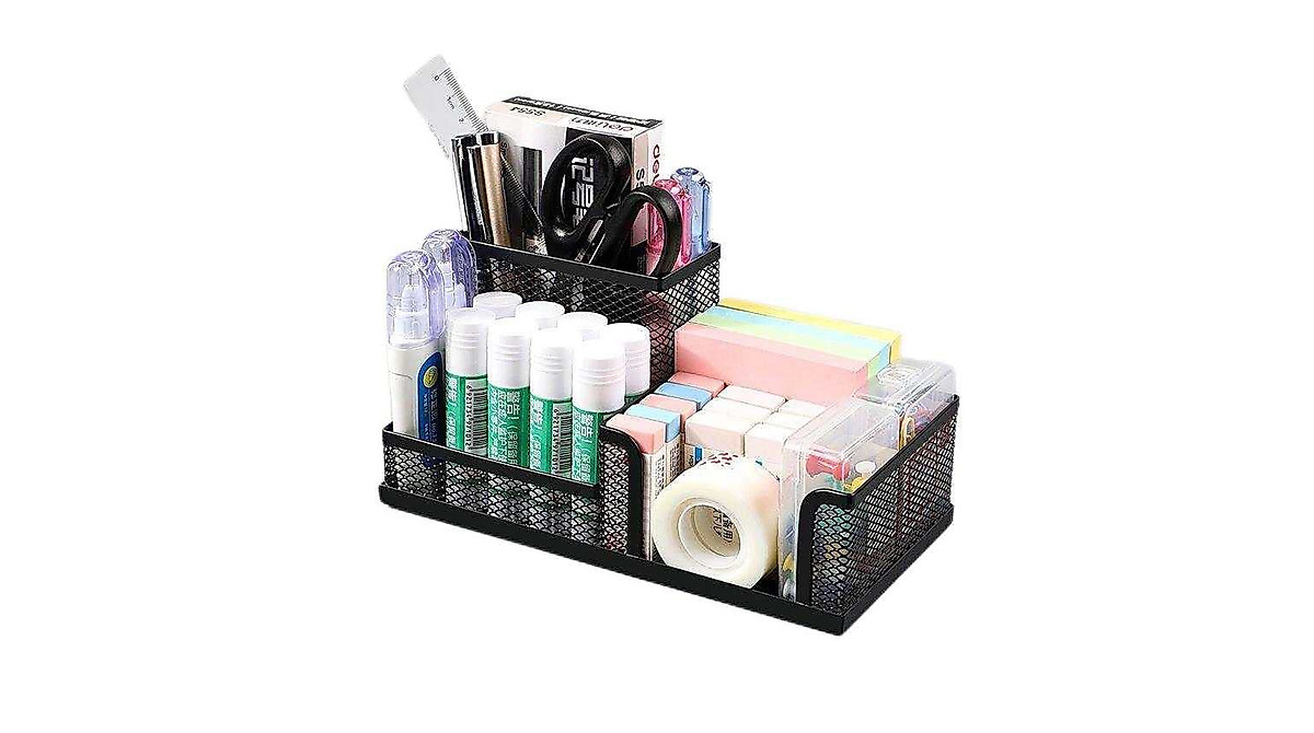 Black Mesh Desk Organizer | 3 Compartments for Office Supplies