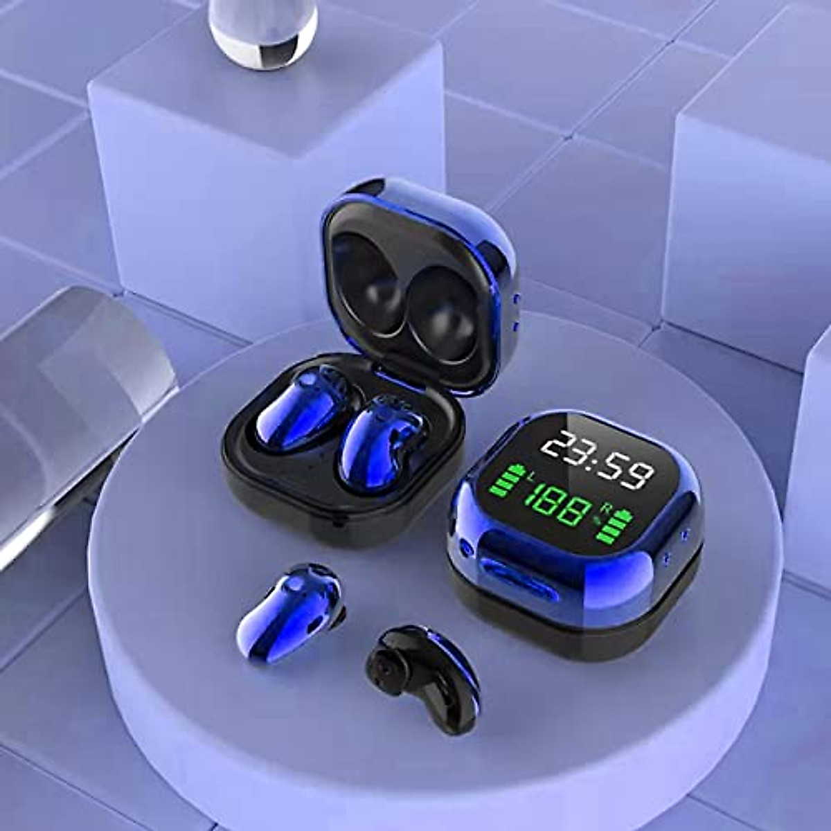 eDealz Fully Wireless Bluetooth 5.1 Rechargeable IPX4 Waterproof Sweatproof Earbud Headphones with Microphone, Micro USB LCD Clock Charging Case Surround Stereo Bass and Noise Cancelling Calls (Blue)