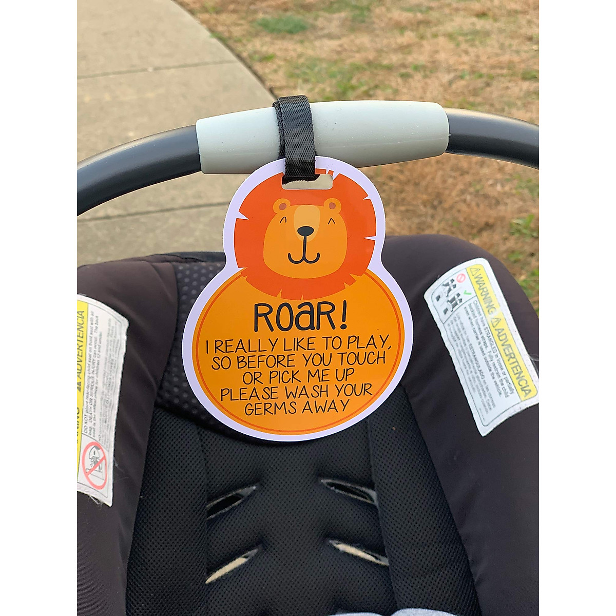 THREE LITTLE TOTS – Animal Theme No Touching Baby Car Seat Sign or Stroller Tag - CPSIA Safety Tested (Lion)