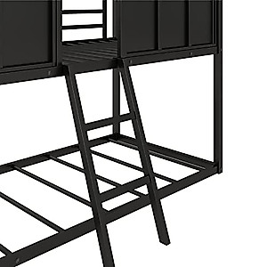 BIADNBZ Twin Over Twin Metal Bunk Bed House Shaped, Sturdy Low Bunkbed Frame with Roof and Fence-Shaped Guardrail, for Kids Boys Girls, Black