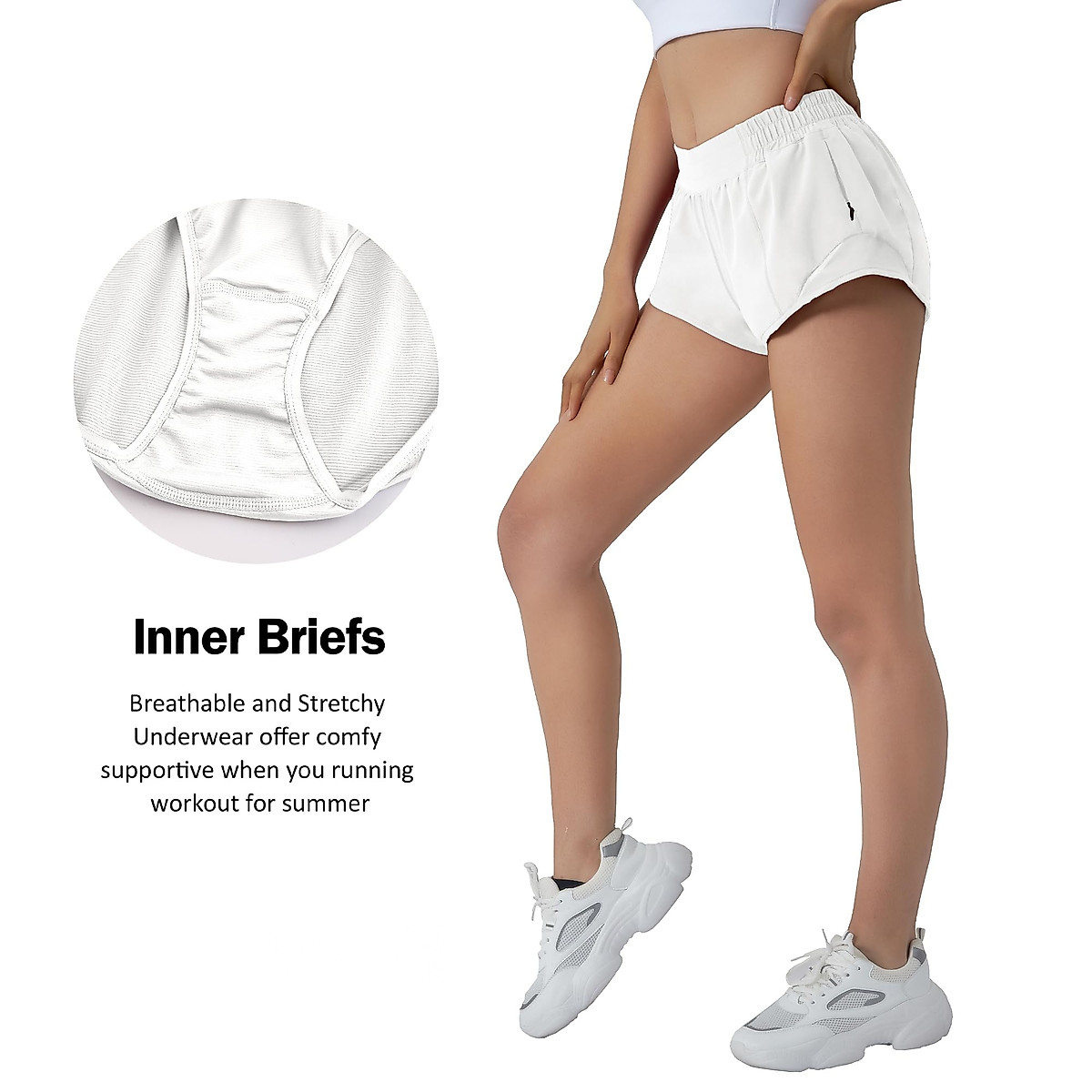 Aurefin Running Shorts for Women,Quick Dry Athletic Sports Shorts Lightweight Active Workout Gym Shorts with Zip Pocket White/M