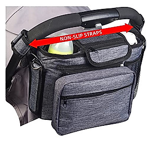 Universal Baby Stroller Organizer with Insulated Cup Holder,Stroller Storage with Non-Slip Straps,Fits for Uppababy Baby Jogger Britax Bugaboo BOB Umbrella Stroller Accessories Caddy Parent Console