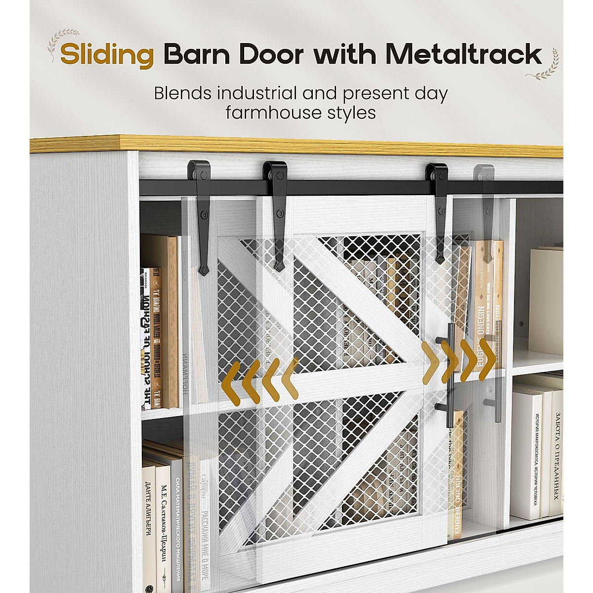 DOMICON Rustic Corner Desk with Storage, L Shaped Farmhouse Office Desk with Sufficient Storage Capacity, Built-in Power Socket and Barn Door Design