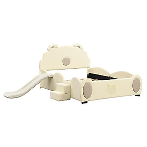 BOVZA Kids Cute Full Size Upholstered Platform Bed Frame with Children's Slide and Piglet Shape Headboard, Wooden Slats Support, No Box Spring Needed, Beige