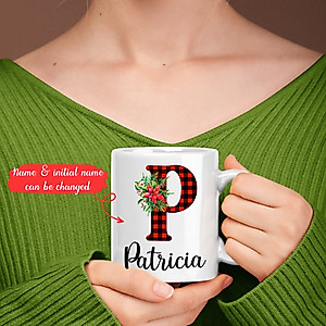 BigTees Personalized Floral Alphabet Mug, Custom Name Mug Gifts, Red Buffalo Plaid Monogram Initial, 11oz, 15oz