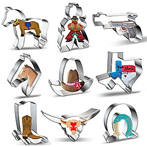 Xzhloym Cookie Cutters Shapes 9-Piece Western Texas Cowboy Horse Pony Horseshoe Horse Head Cowboy Hat Handgun Boot Longhorn Cookie Cutter Set for Kids Boys Birthday Party Decorations - Stainless Steel