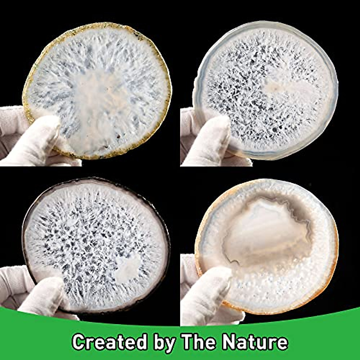 FOLKOR LIFE Natural Agate Coaster Set of 4, 3.5-4" Crystalline Geode Stone Coasters for Drinks Coffee Table Decor Agate Slices Glass Cups Holder for Home Guest Room Housewarming Birthday Gift