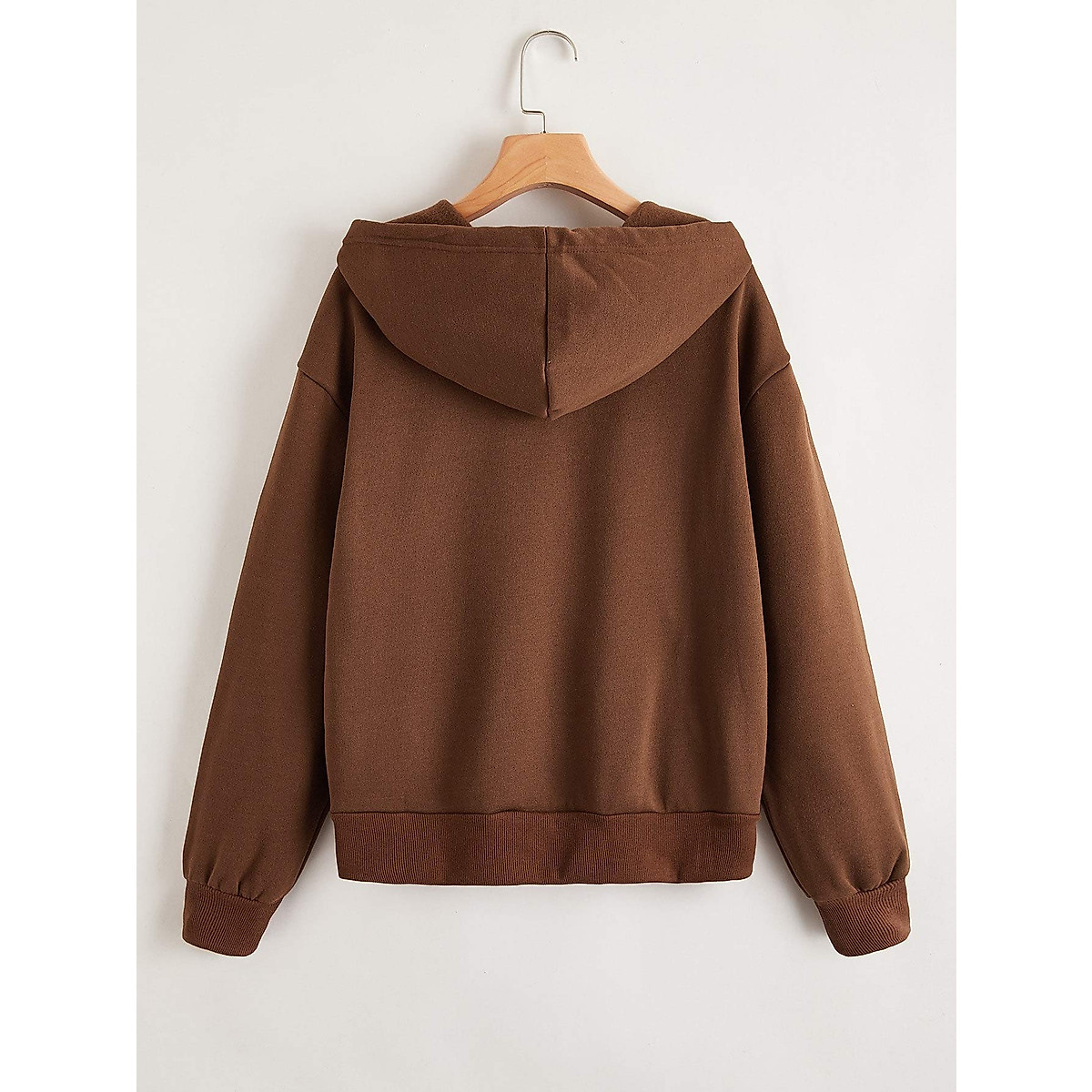 WDIRARA Women's Zip Front Drawstring Hoodie Pullover Long Sleeve Casual Sweatshirt Top Brown L
